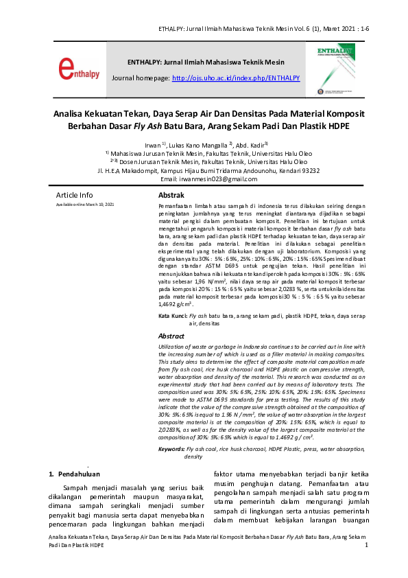 (PDF) Analisa Kekuatan Tekan, Daya Serap Air Dan Densitas Pada Material Komposit Berbahan Dasar ...