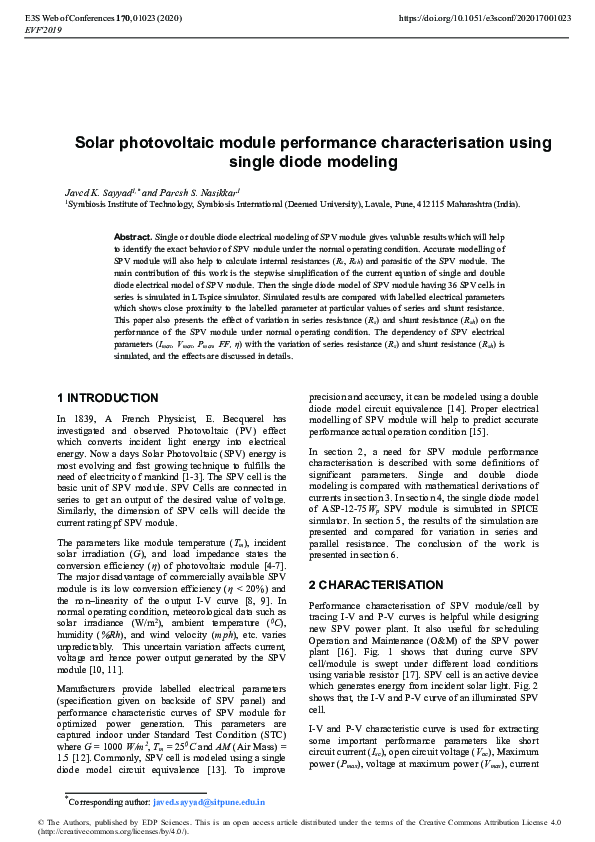 Pdf Solar Photovoltaic Module Performance Characterisation Using