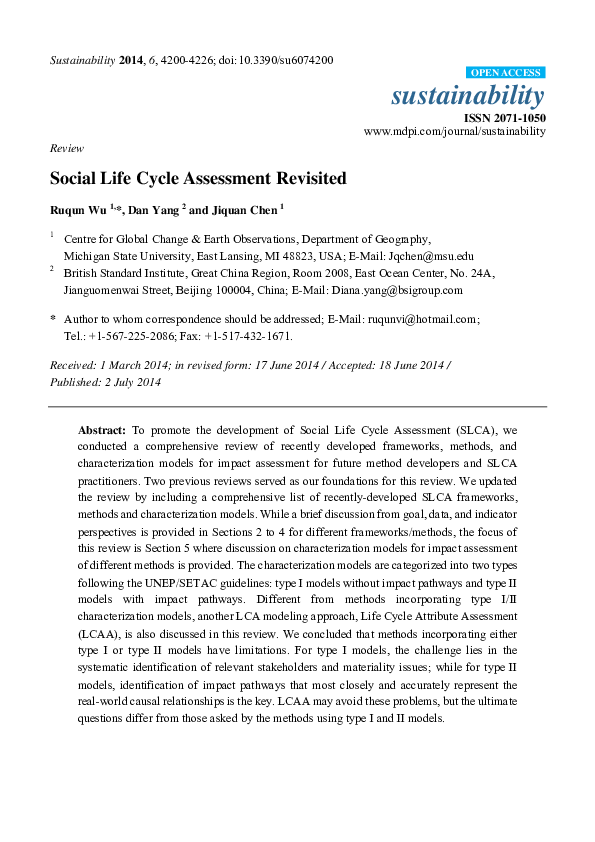 (PDF) Social Life Cycle Assessment Revisited