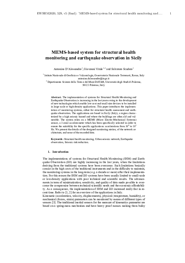 (PDF) MEMS-Based System for Structural Health Monitoring and Earthquake Observation in Sicily