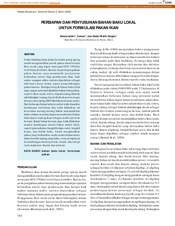 (PDF) Persiapan Dan Penyusunan Bahan Baku Lokal Untuk Formulasi Pakan Ikan