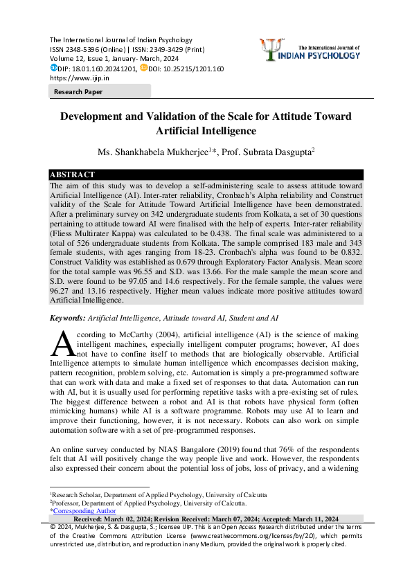 (PDF) Development and Validation of the Scale for Attitude Toward Artificial Intelligence