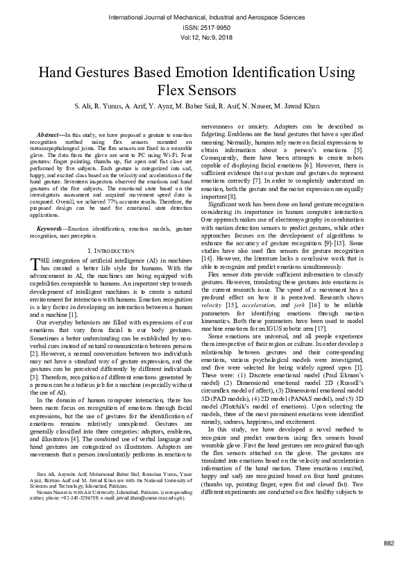 (PDF) Hand Gestures Based Emotion Identification Using Flex Sensors