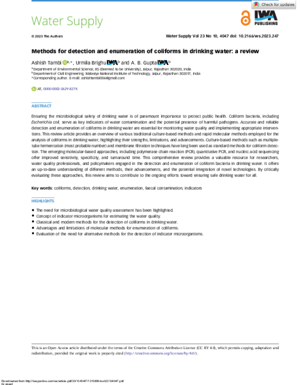 Pdf Methods For Detection And Enumeration Of Coliforms In Drinking
