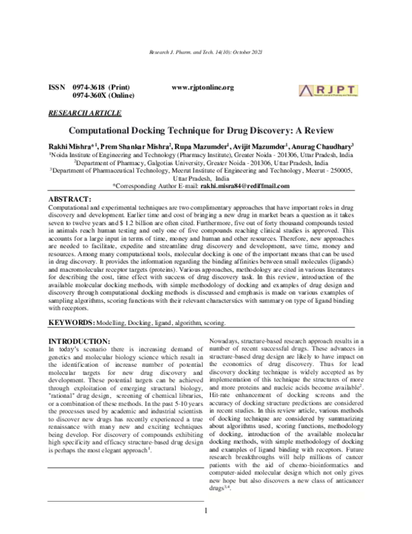 (PDF) Computational Docking Technique for Drug Discovery: A Review