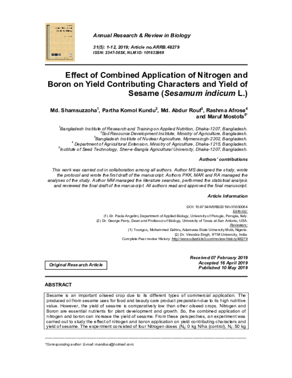 Pdf Nitrogen And Boron Effects On Sesame Yield And Traits