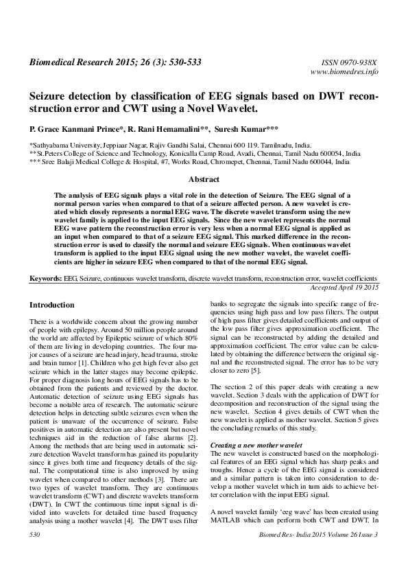 Pdf Seizure Detection By Classification Of Eeg Signals Based On Dwt Reconstructionerror And