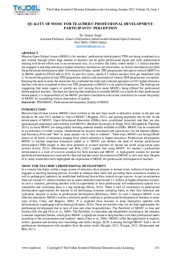 (PDF) QUALITY OF MOOC FOR TEACHERS' PROFESSIONAL DEVELOPMENT: PARTICIPANTS' PERCEPTION