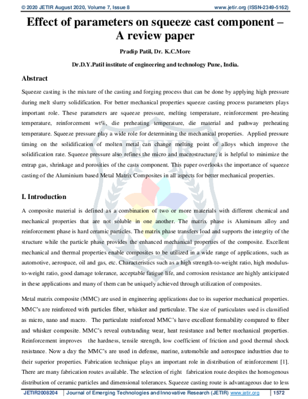 (PDF) Effect of parameters on squeeze cast component – A review paper