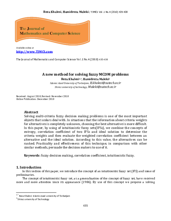 (PDF) A New Method For Solving Fuzzy Mcdm Problems