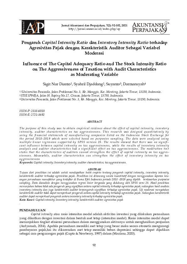 (PDF) Pengaruh Capital Insensity Ratio dan Inventory Insensity Ratio terhadap Agresivitas Pajak ...