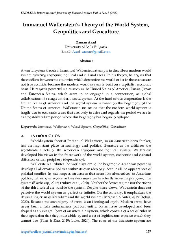 (PDF) Immanuel Wallerstein's Theory of the World System, Geopolitics and Geoculture