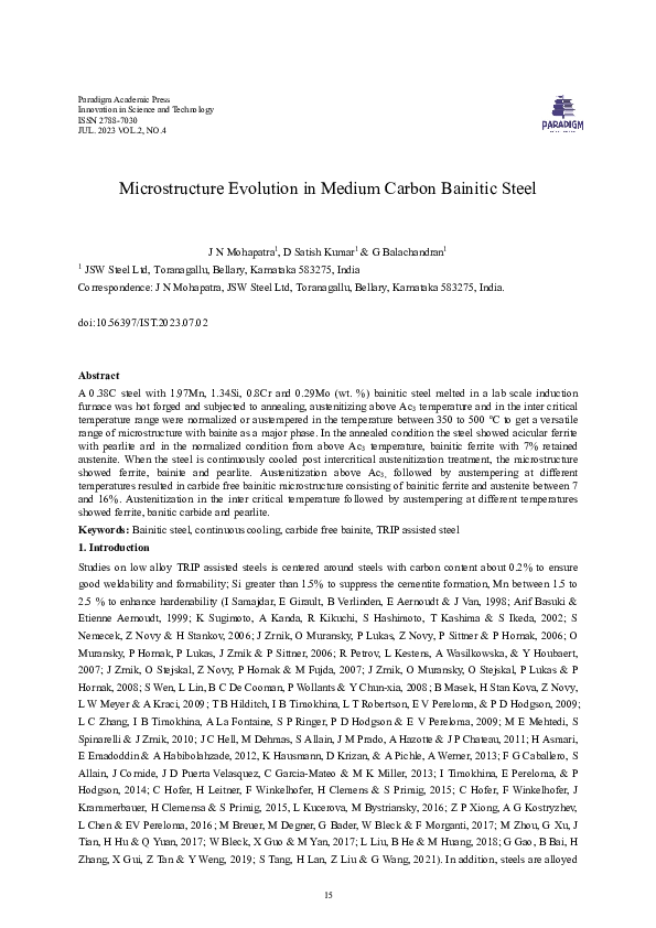(PDF) Microstructure Evolution in Medium Carbon Bainitic Steel