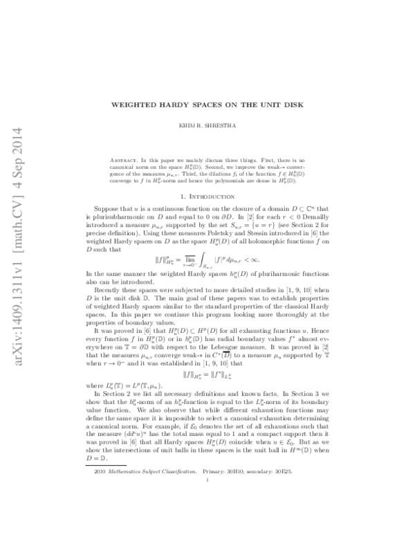 (PDF) Weighted Hardy Spaces on the Unit Disk