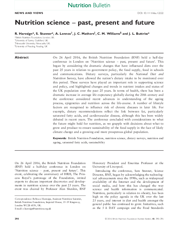 (PDF) Nutrition science - past, present and future