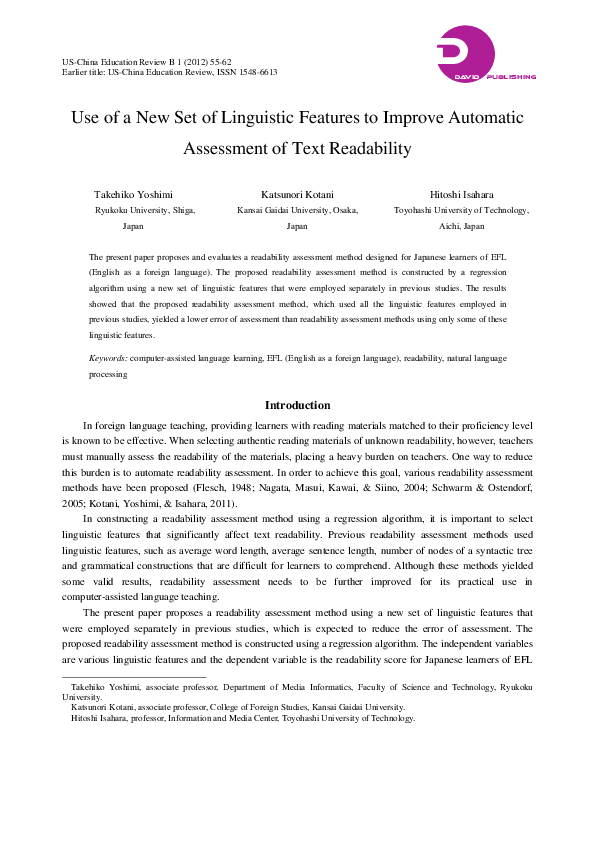 (PDF) Use of a New Set of Linguistic Features to Improve Automatic Assessment of Text Readability
