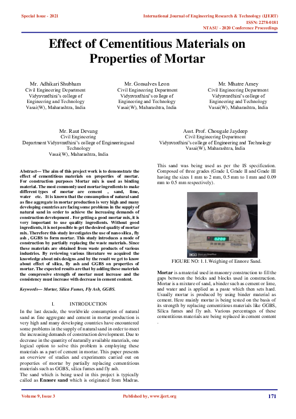 (PDF) Effect of Cementitious Materials on Properties of Mortar