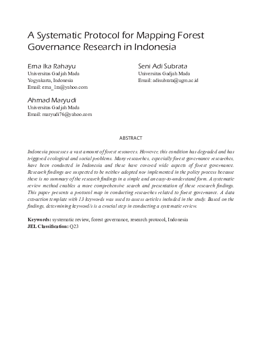 A Systematic Protocol for Mapping Forest Governance Research in Indonesia A Systematic Protocol for Mapping Forest Governance Research in Indonesia