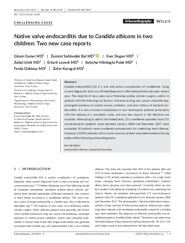 (PDF) Native valve endocarditis due to Candida albicans in two children ...