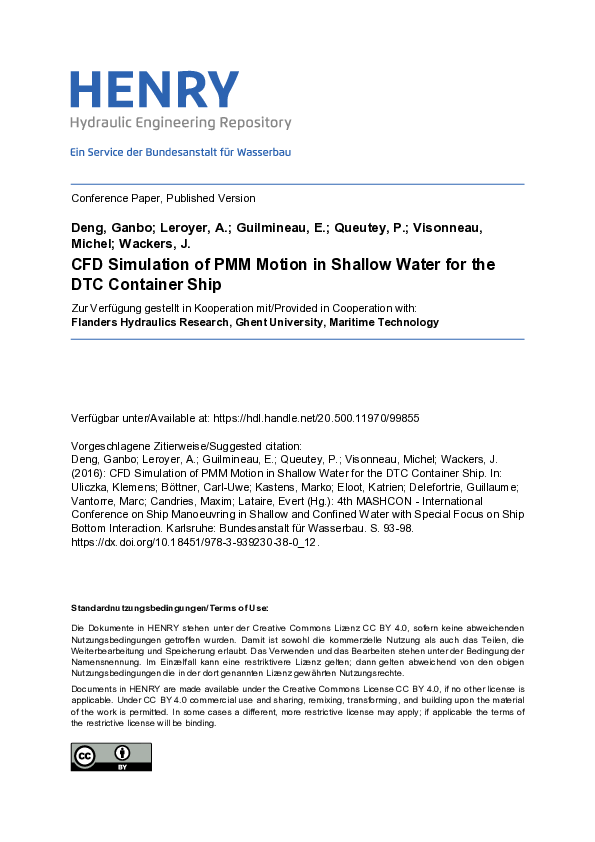 (PDF) CFD Simulation of PMM Motion in Shallow Water for the DTC ...