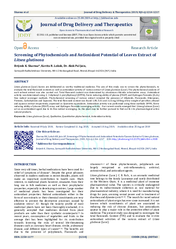 (PDF) Screening of Phytochemicals and Antioxidant Potential of Leaves Extract of Litsea glutinosa