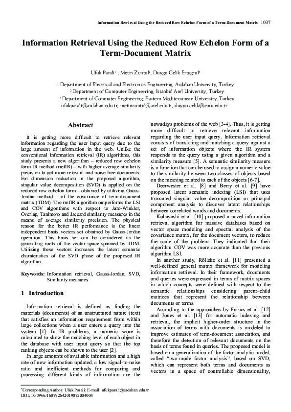 (PDF) Information retrieval using the reduced row echelon form of a term-document matrix