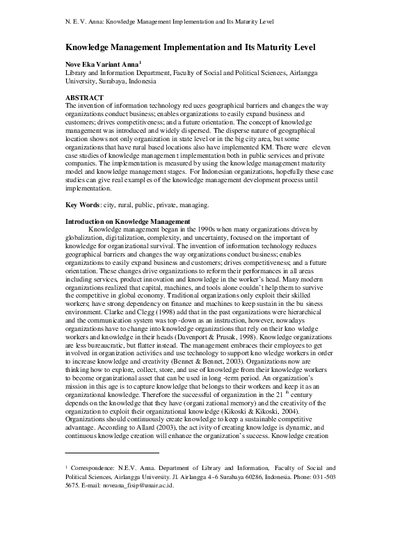 (PDF) Knowledge Management Implementation and Its Maturity Level