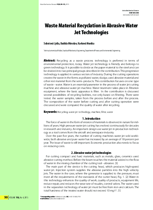 (PDF) Waste Material Recyclation in Abrasive Water Jet Technologies