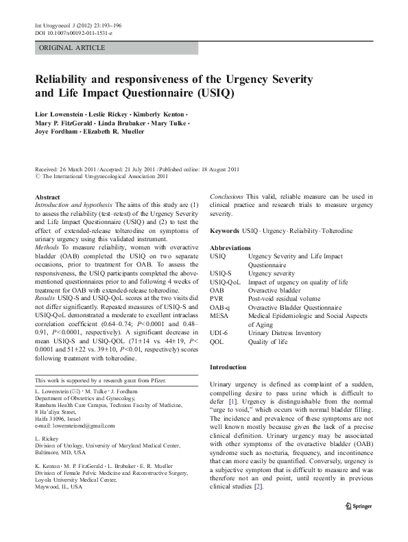 (PDF) Reliability and responsiveness of the Urgency Severity and Life ...