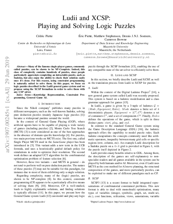(PDF) Ludii and XCSP: Playing and Solving Logic Puzzles