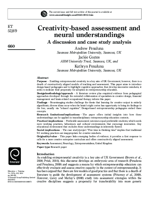 (PDF) Creativity‐based assessment and neural understandings