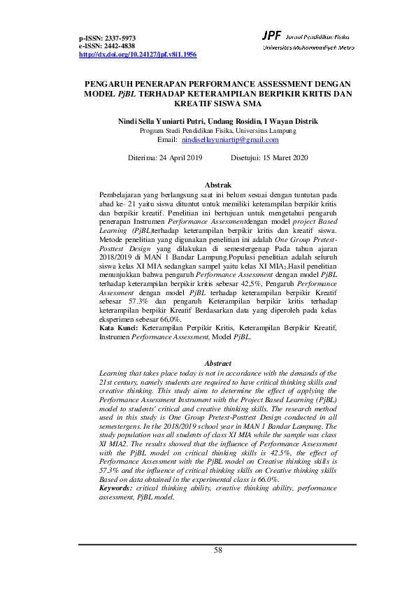(PDF) Pengaruh Penerapan Performance Assessment Dengan Model PJBL Terhadap Keterampilan Berpikir ...