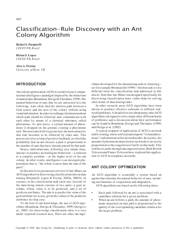 (PDF) Classification-Rule Discovery with an Ant Colony Algorithm