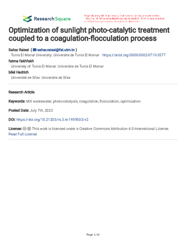 (PDF) Optimization of sunlight photo-catalytic treatment coupled to a coagulation-flocculation ...