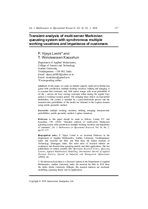 Pdf Transient Analysis Of Multi Server Markovian Queueing System With