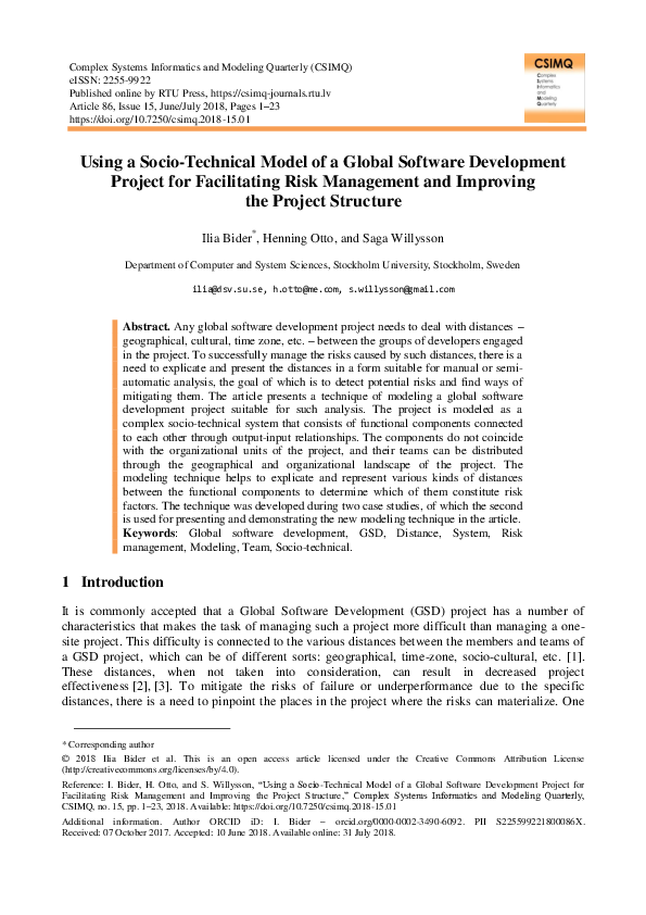 (PDF) Using a Socio-Technical Model of a Global Software Development Project for Facilitating ...