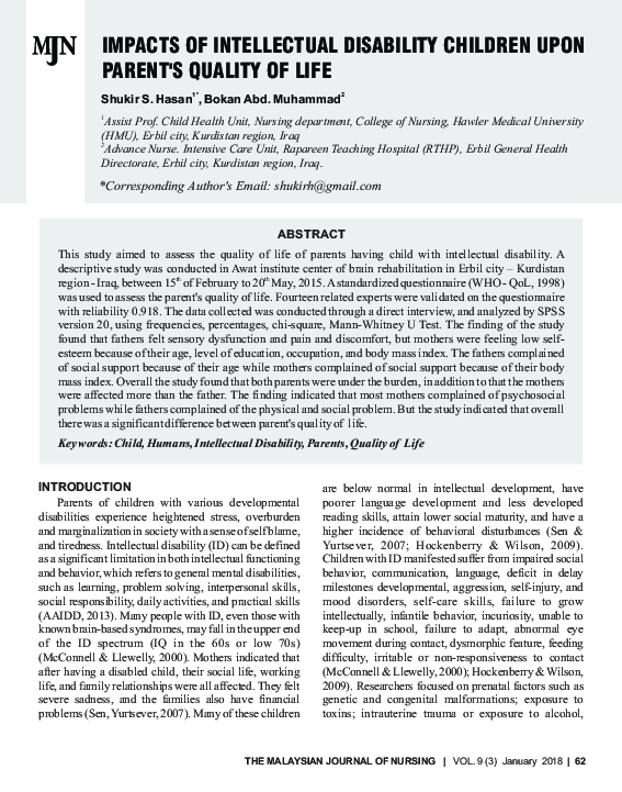 (PDF) Impacts of Intellectual Disability Children Upon Parent's Quality ...