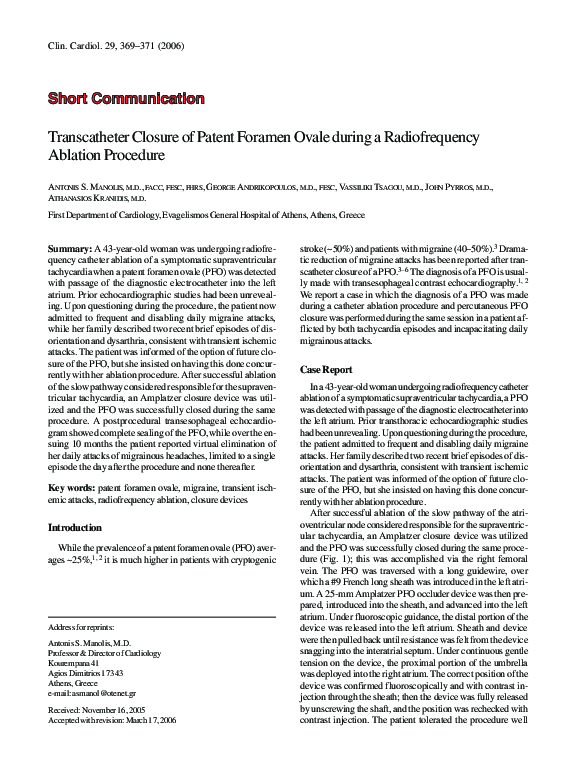 (PDF) Transcatheter closure of patent foramen ovale during a ...