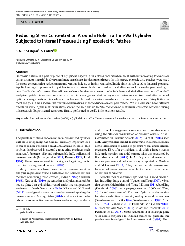 (PDF) Reducing Stress Concentration Around a Hole in a Thin-Wall Cylinder Subjected to Internal ...