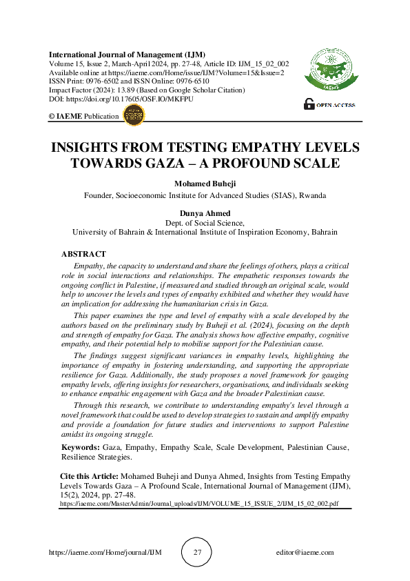 (PDF) INSIGHTS FROM TESTING EMPATHY LEVELS TOWARDS GAZA – A PROFOUND SCALE