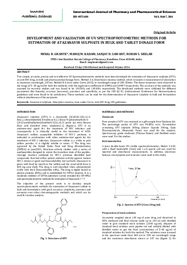 (PDF) DEVELOPMENT AND VALIDATION OF UV SPECTROPHOTOMETRIC METHODS FOR ESTIMATION OF ATAZANAVIR ...