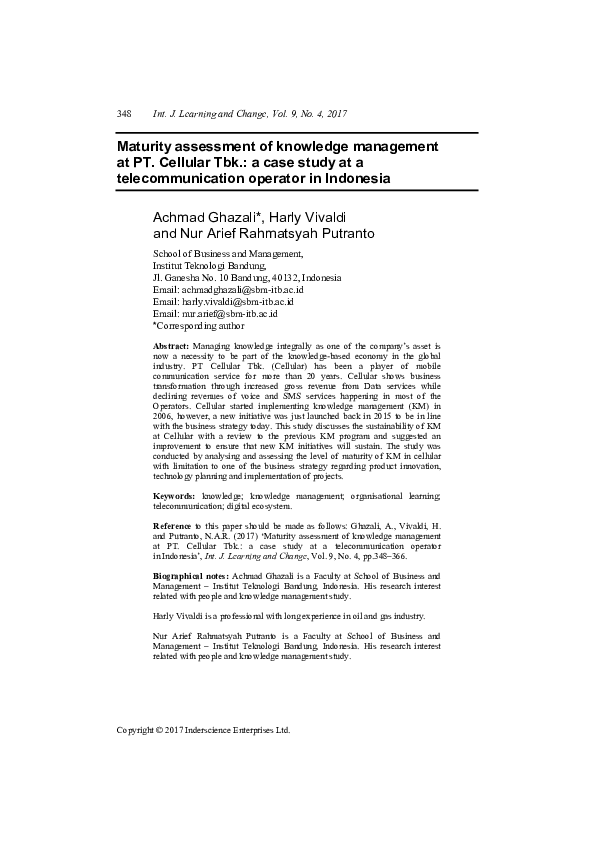 (PDF) Maturity assessment of knowledge management at PT. Cellular Tbk ...