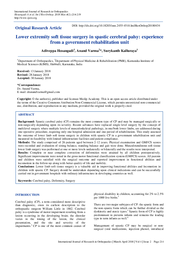 (PDF) Lower extremity soft tissue surgery in spastic cerebral palsy ...