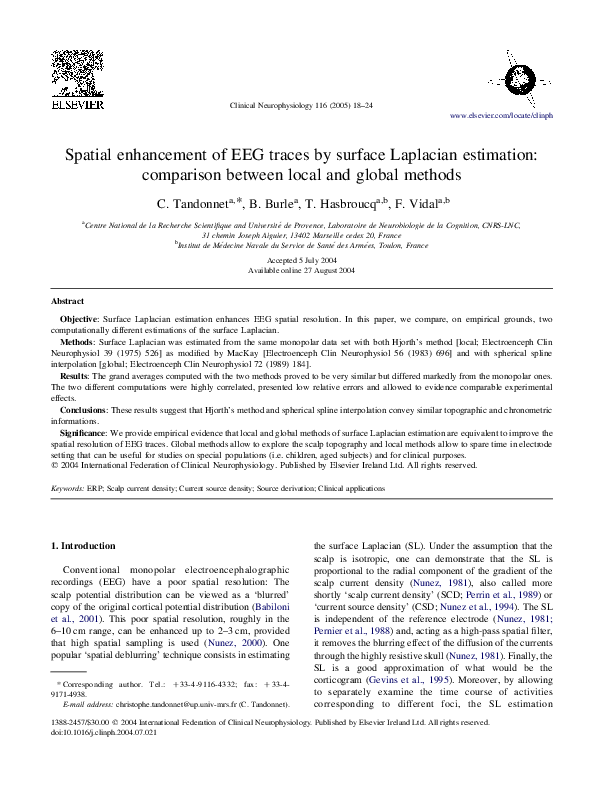 (PDF) Spatial enhancement of EEG traces by surface Laplacian estimation: comparison between ...