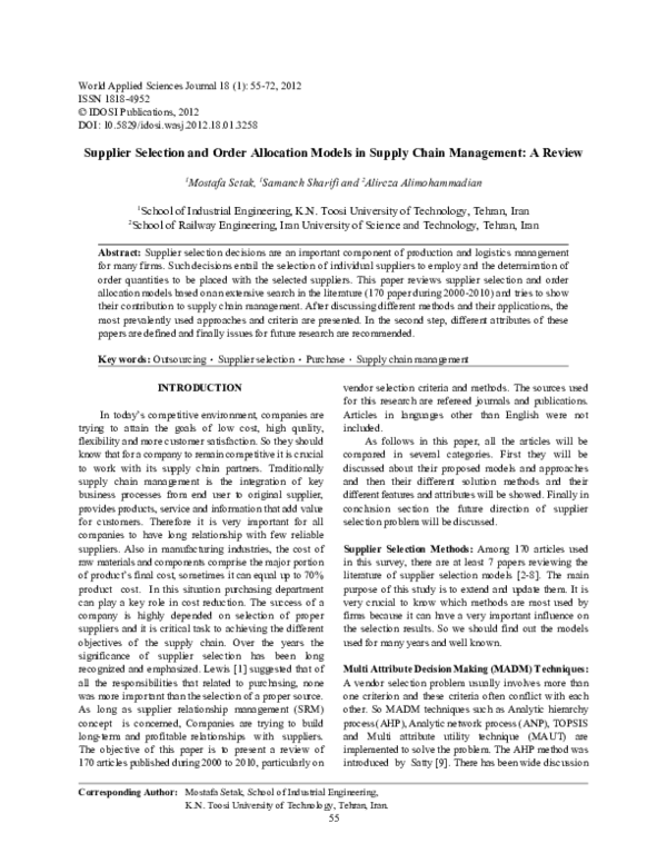 Pdf Supplier Selection And Order Allocation In Supply Chain