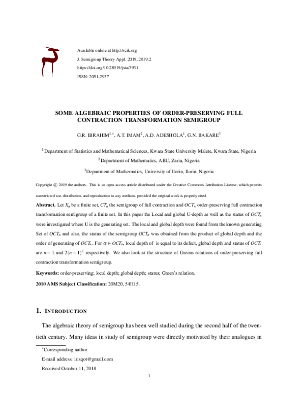 Pdf Some Algebraic Properties Of Order Preserving Full Contraction Transformation Semigroup