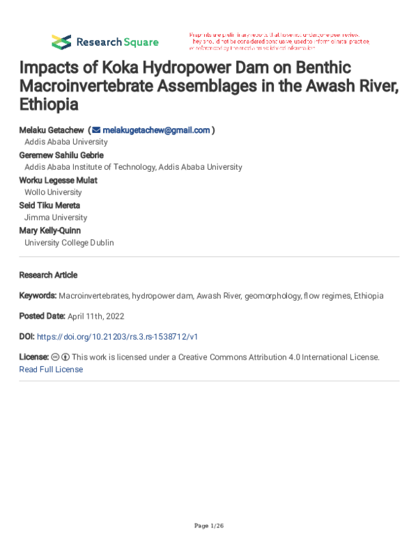 (PDF) Impacts of Koka Hydropower Dam on Benthic Macroinvertebrate ...