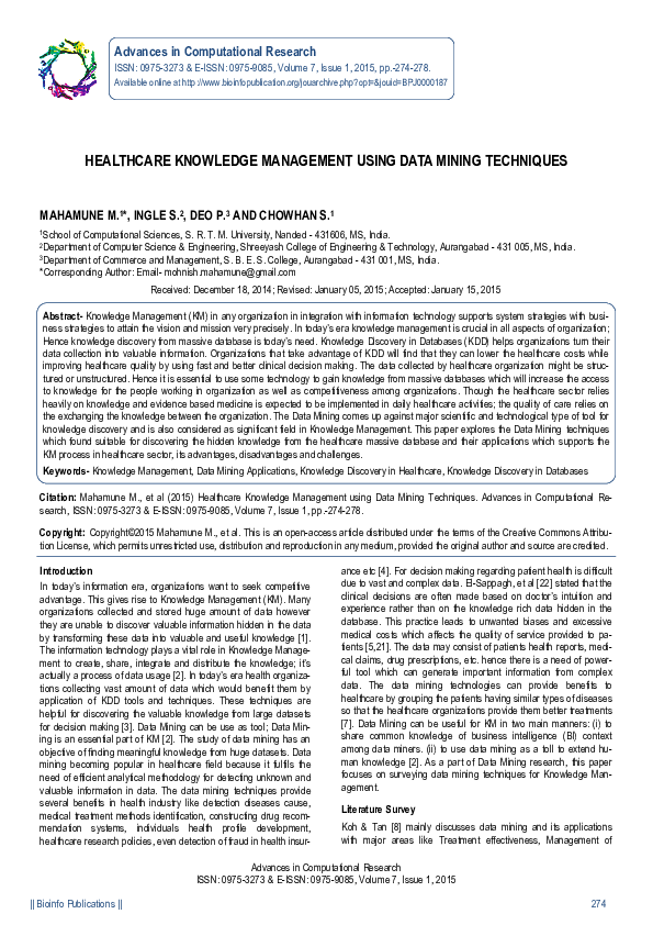 (PDF) Healthcare Knowledge Management Using Data Mining Techniques