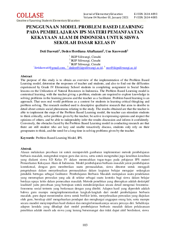 (PDF) Penggunaan Model Problem Based Learning Pada Pembelajaran Ips Materi Pemanfaatan Kekayaan ...