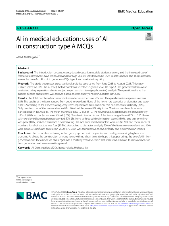 (PDF) AI in medical education: uses of AI in construction type A MCQs